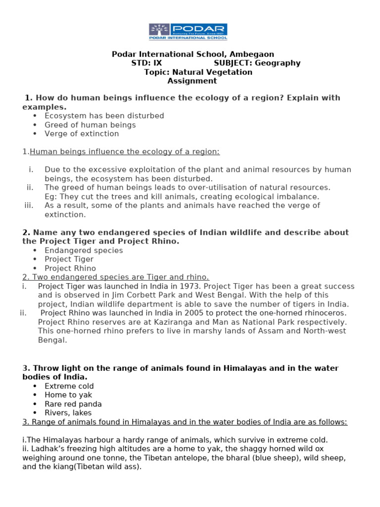 1701307379718.IX - Assignment - Ans - Natural Vegetation - 1.12.23 | PDF | Rhinoceros | Forests