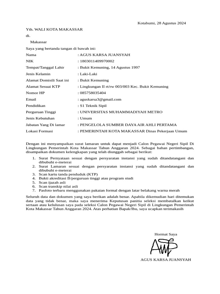 Lamaran CPNS Agus Karsa Juansyah 2024 | PDF