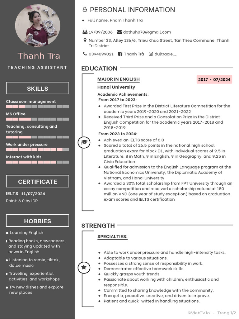 CV - PH M Thanh Trà - Teaching Assistant | PDF | Teachers | Learning