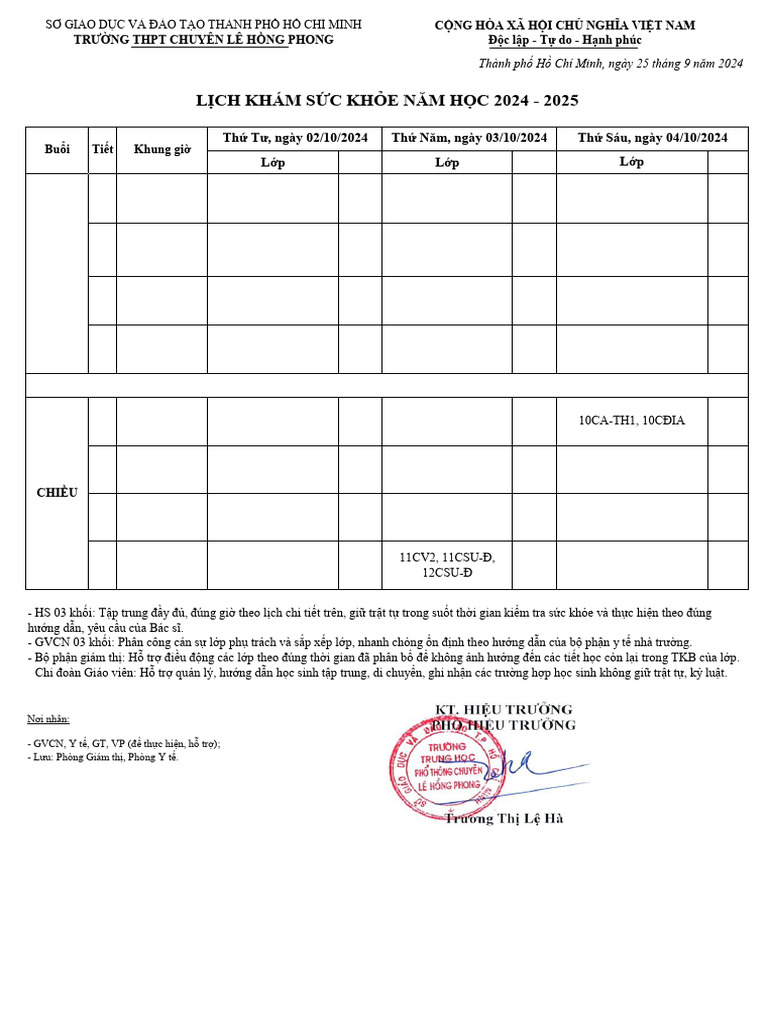 2024 2025 - Lich Kham SK - Final | PDF