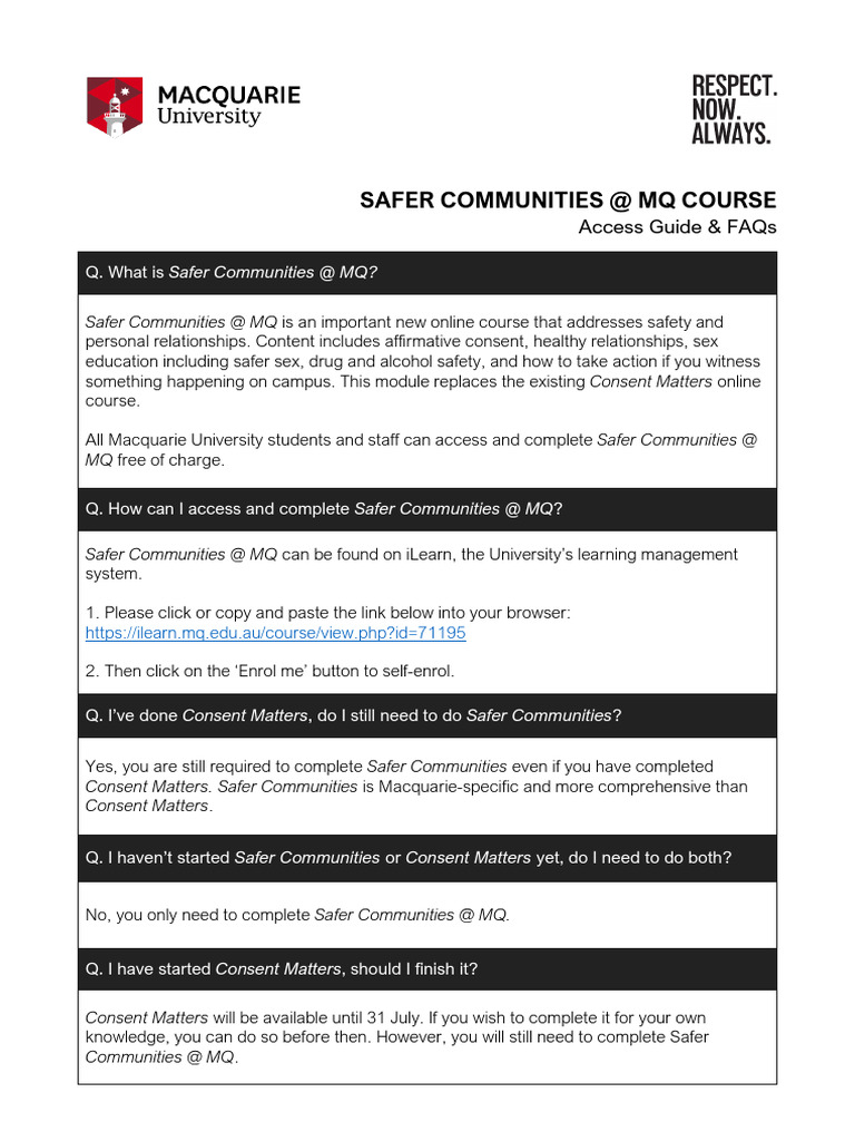 Safer Communities at MQ - Guide and FAQs - v3 Final | PDF | Consent