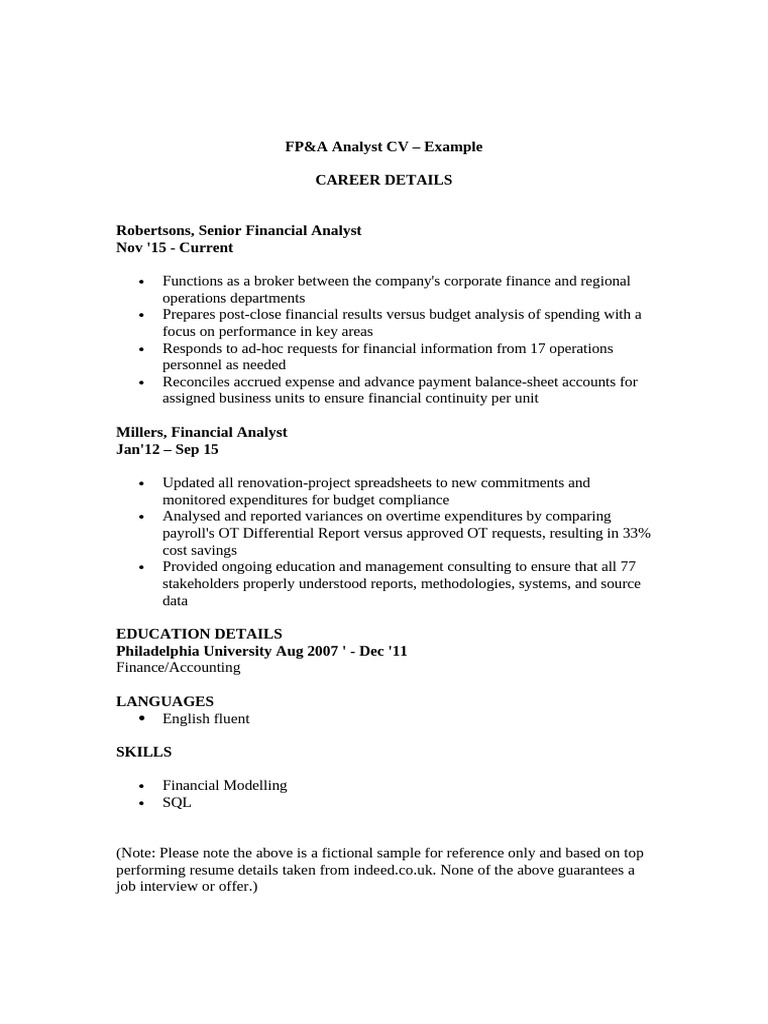 FPA Analyst CV Example 1 | PDF