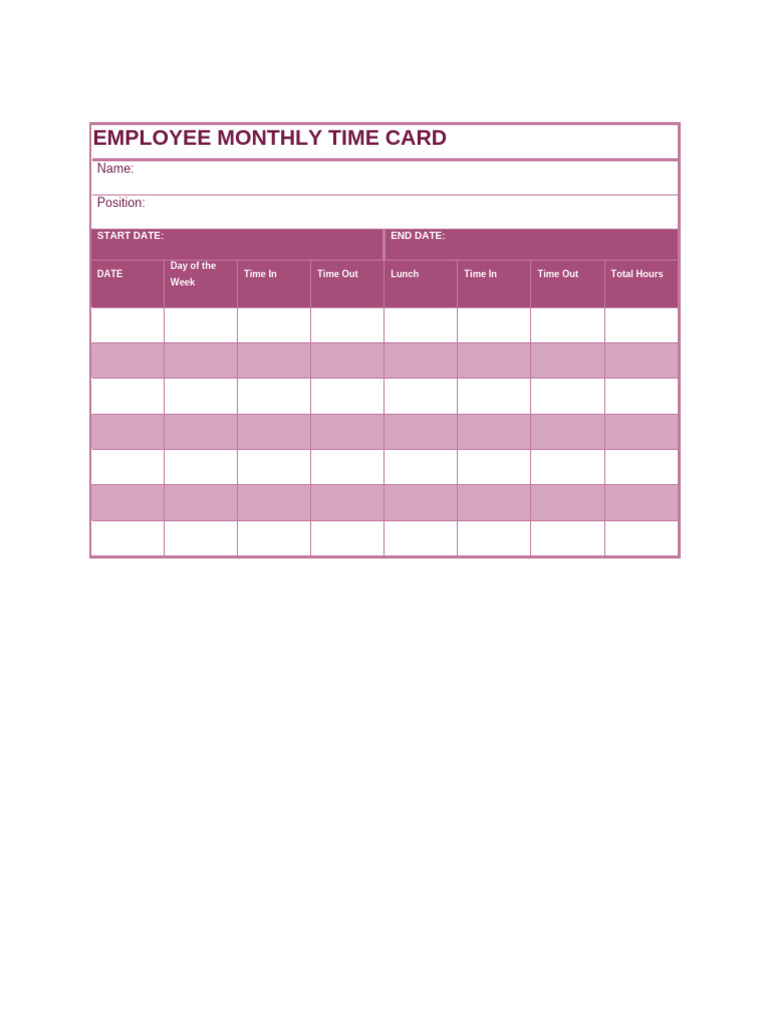 Employee Monthly Time Card Template | PDF