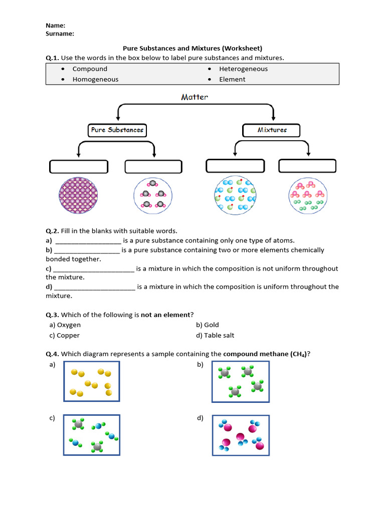 Pure Substances and Mixtures (Worksheet) Q.1.: Name: Surname | PDF ...