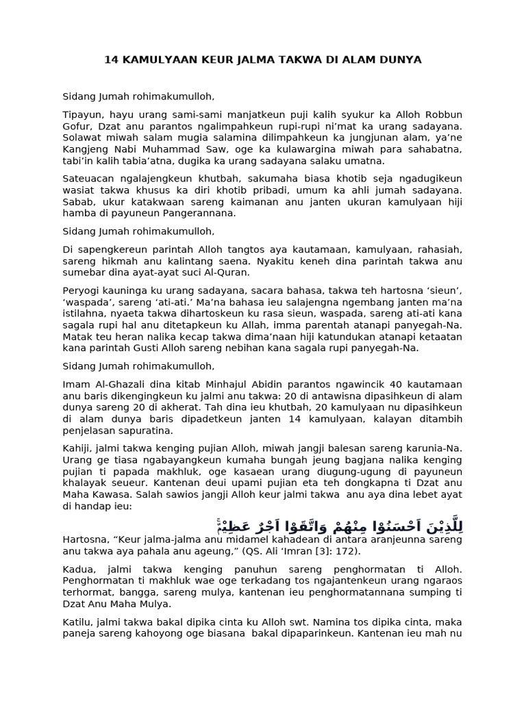 Khutbah Jumat - 14 Kamulyaan Keur Jalma Takwa Di Alam Dunya | PDF