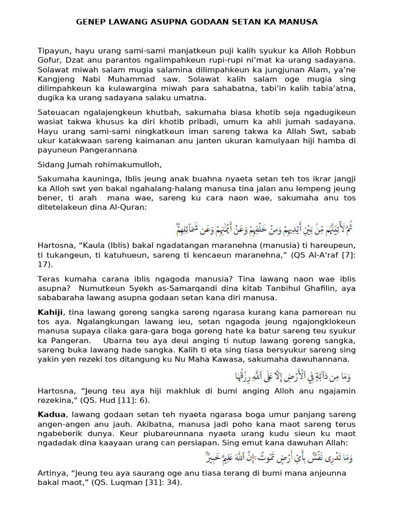 Khutbah Jumat - Genep Lawang Asupna Godaan Setan Ka Manusa | PDF | Philosophy | Law