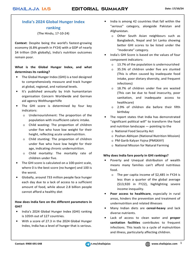 17-10-24 Editorial Analysis | PDF | Malnutrition | Hunger
