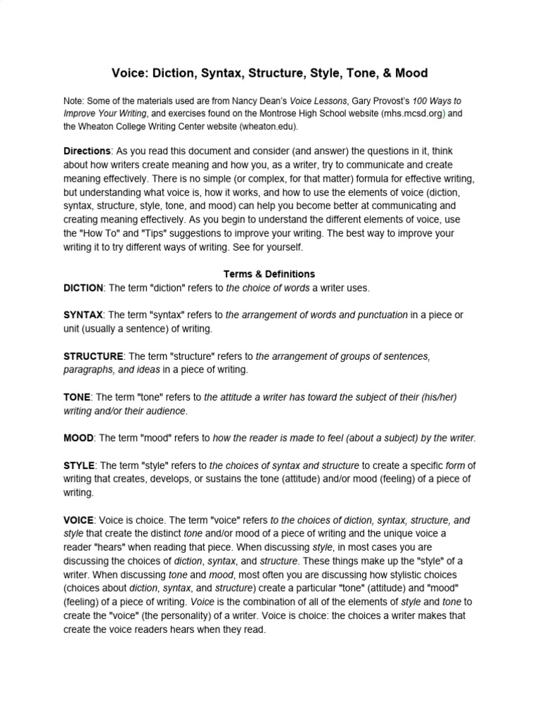 Voice Diction Syntax Structure Style Tone and Mood | PDF | Punctuation | Writers