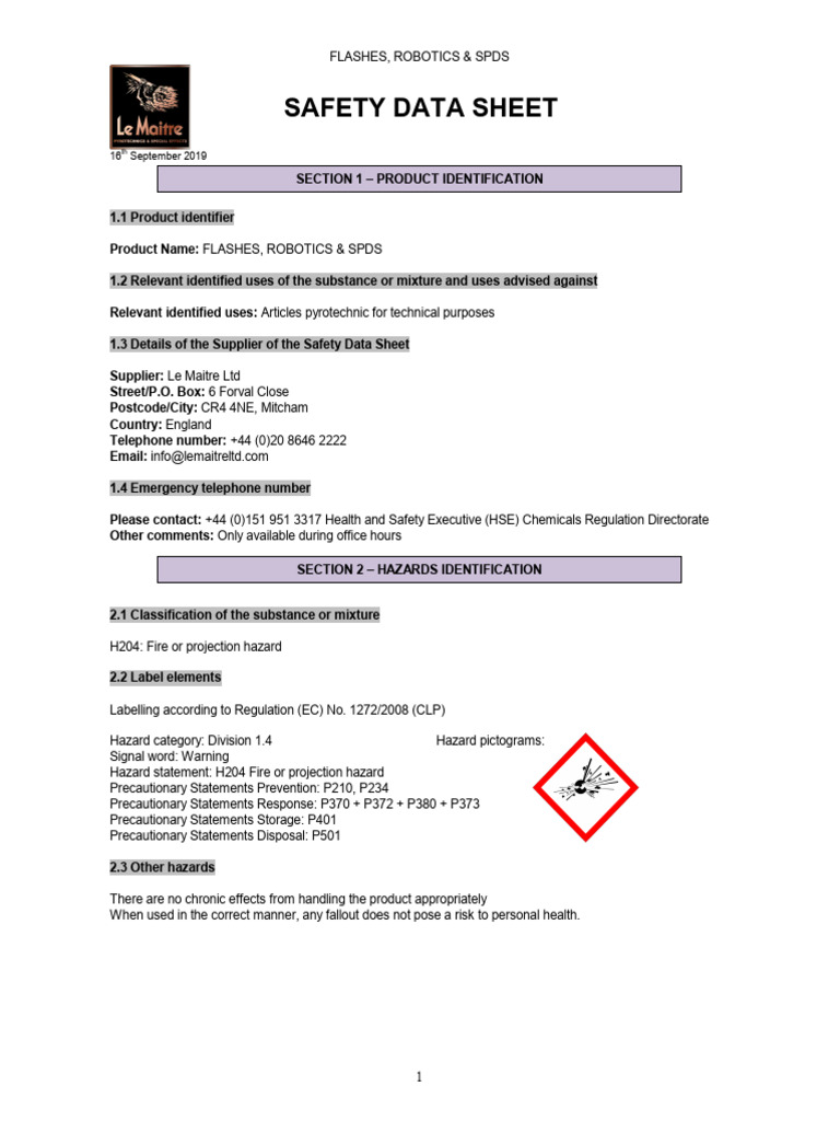 Safety Data Sheet for Pyrotechnic Products | PDF | Personal Protective ...