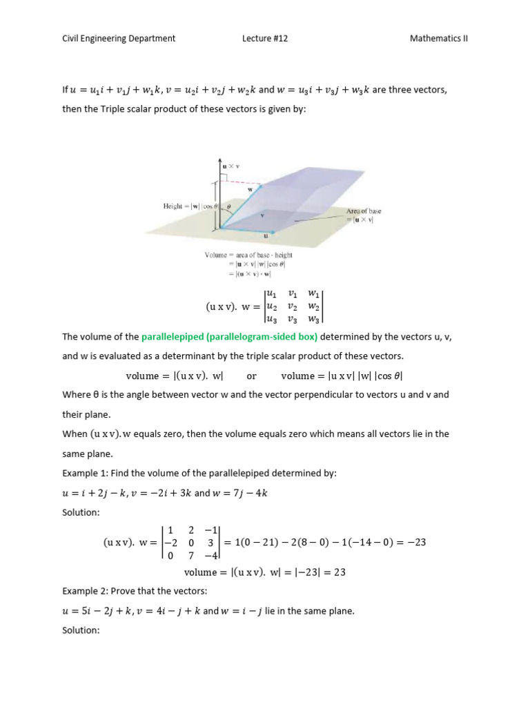 Triple Scalar Product or Box Product: Civil Engineering Department Lecture #12 Mathematics II ...