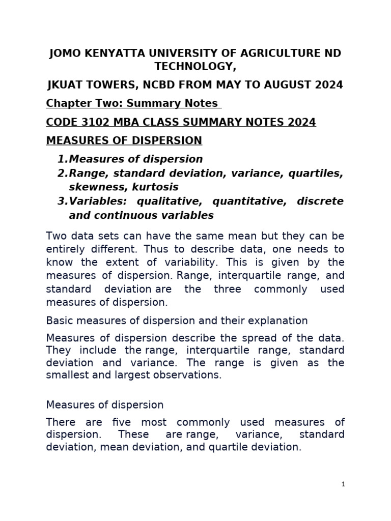 Chapter Two Mba Summary Class Notes 24 | PDF | Skewness | Mean
