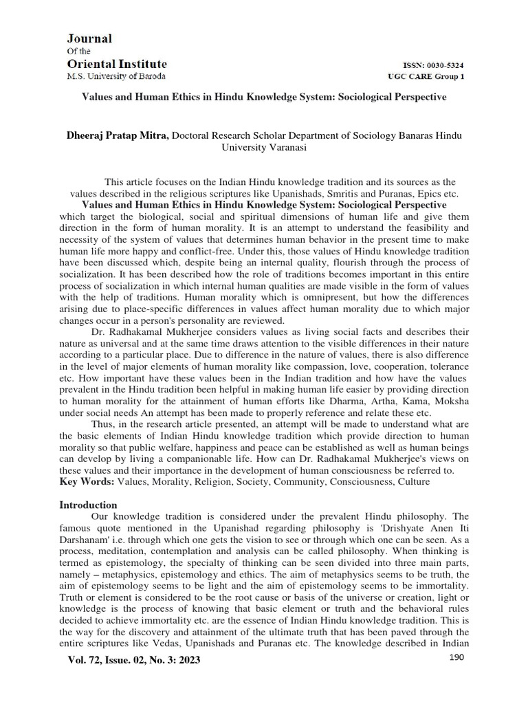 Values and Human Ethics in Hindu Knowledge System: Sociological ...