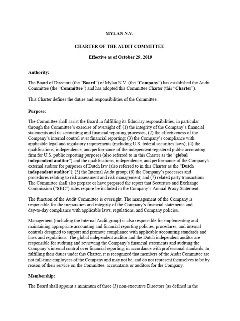 Mylan N.V. Audit Committee Charter | PDF | Internal Control | Audit Committee