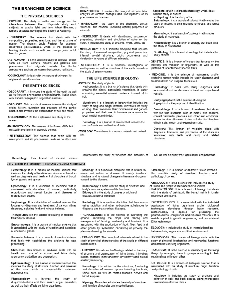 Overview of Science Branches | PDF | Pathology | Zoology
