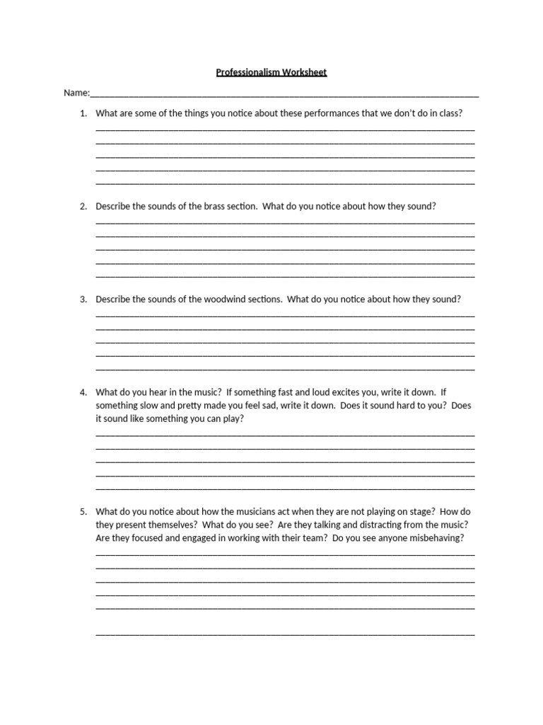 Professionalism Worksheet | PDF | Musical Notation | Musical Techniques