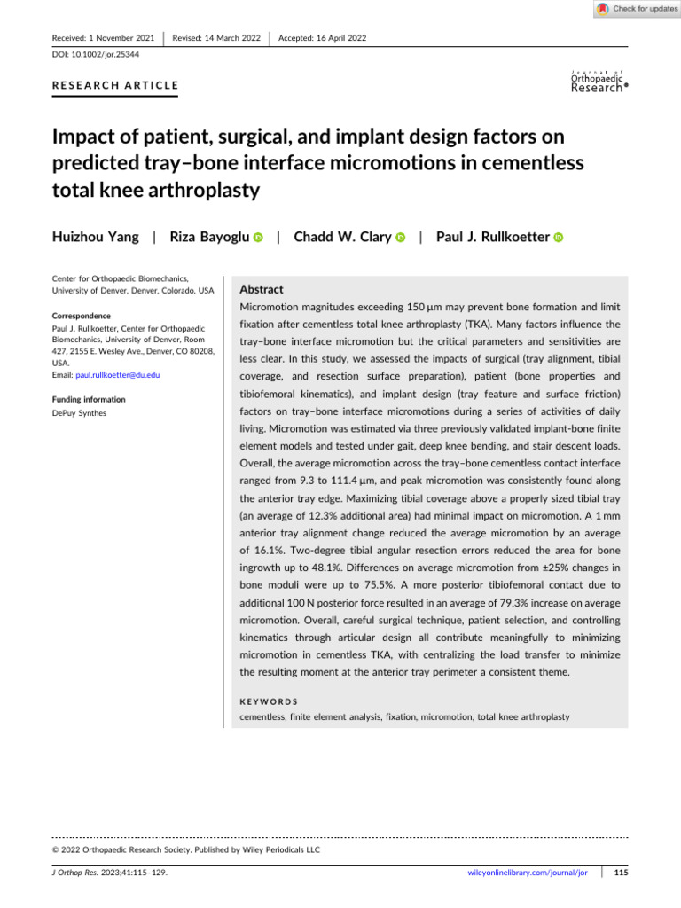 Journal Orthopaedic Research - 2022 - Yang - Impact of Patient Surgical ...