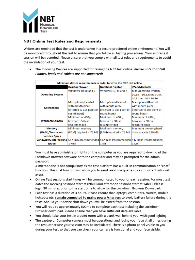 NBT Online Test Rules and Requirements Website Version | PDF ...