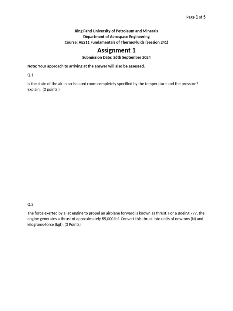 Assignment Number 1 | PDF | Thrust | Fuel Economy In Automobiles