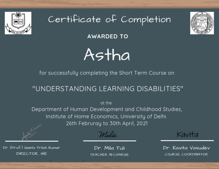 Certificate of Completion: Learning Disabilities Course | PDF