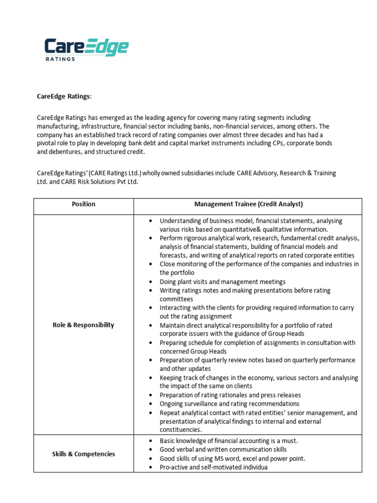 JD - Management Trainee (Credit Analyst) | PDF | Financial Analyst | Financial Economics