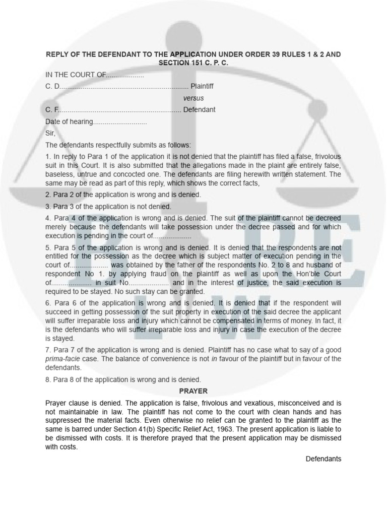 Reply Of The Defendant To The Application Under Order 39 Rules 1 2 And Section 151 C P C Rtf 1