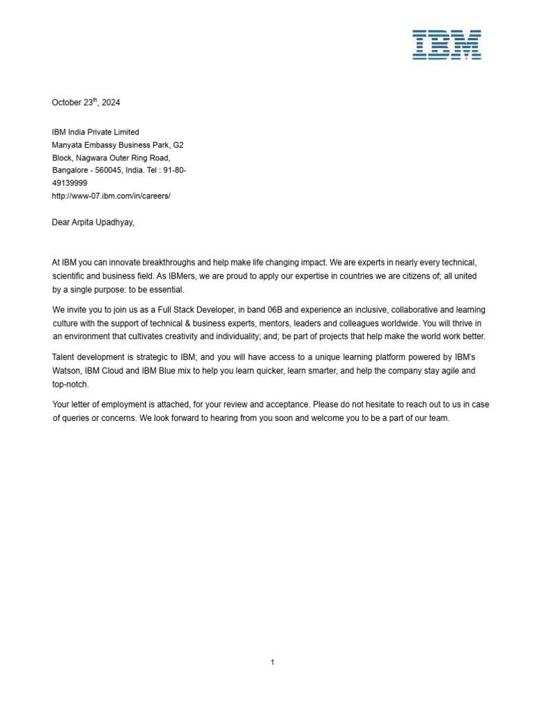 IBM Offer Letter Arpita Upadhyay | PDF | Insurance | Employment