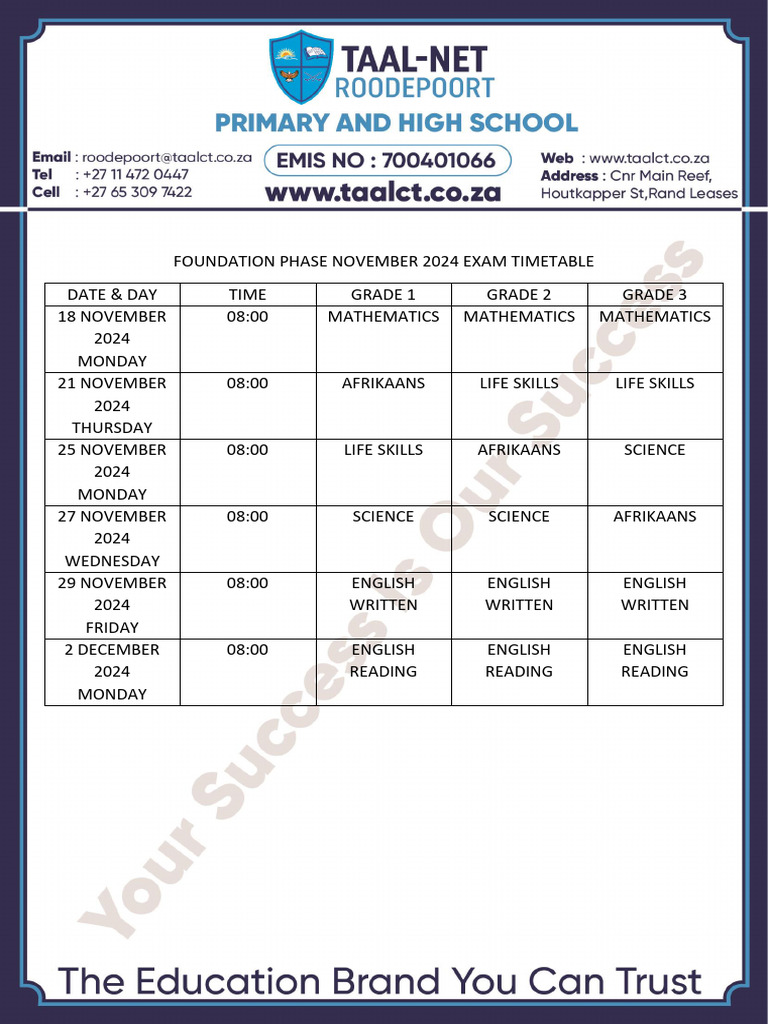 Foundation Phase Timetable Nov 2024 | PDF