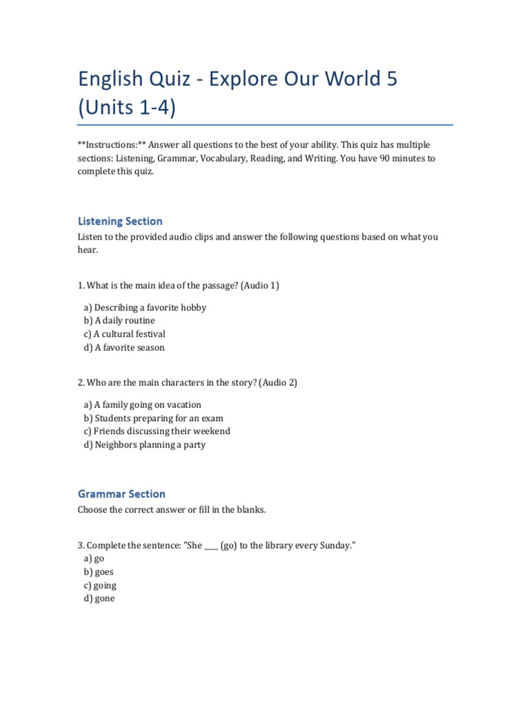 English Quiz for Explore Our World 5 | PDF