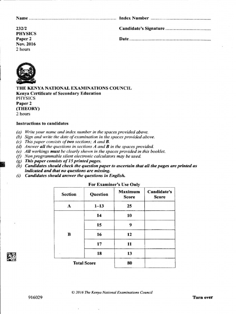 2016 Kcse Physics PP2 | PDF