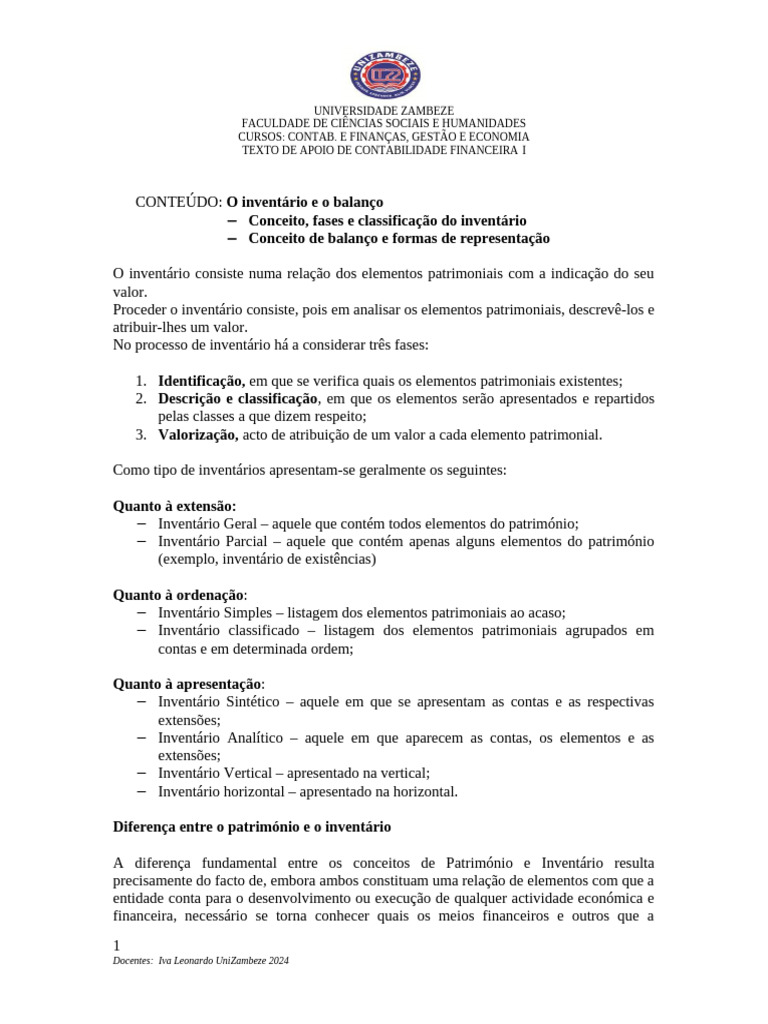 Inventário e Balanço na Contabilidade | PDF | Balancete | Contabilidade