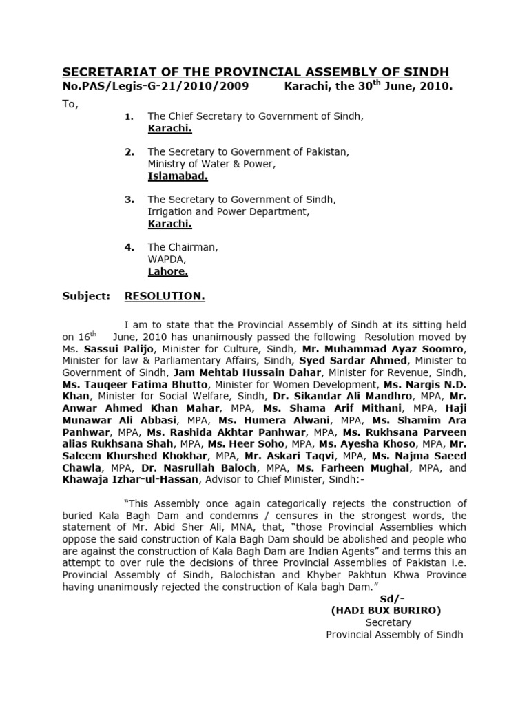 Secretariat of The Provincial Assembly of Sindh: No - PAS/Legis-G-21/2010/2009 Karachi, The 30 ...