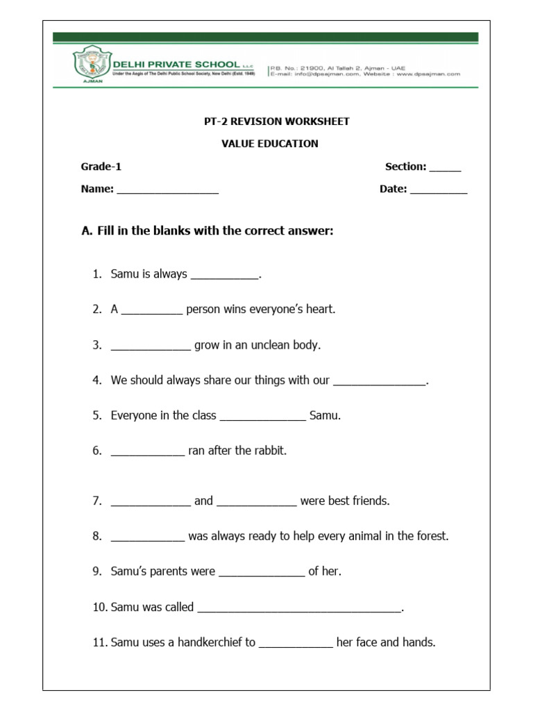 Value Educ PT-2 Revision WS | PDF
