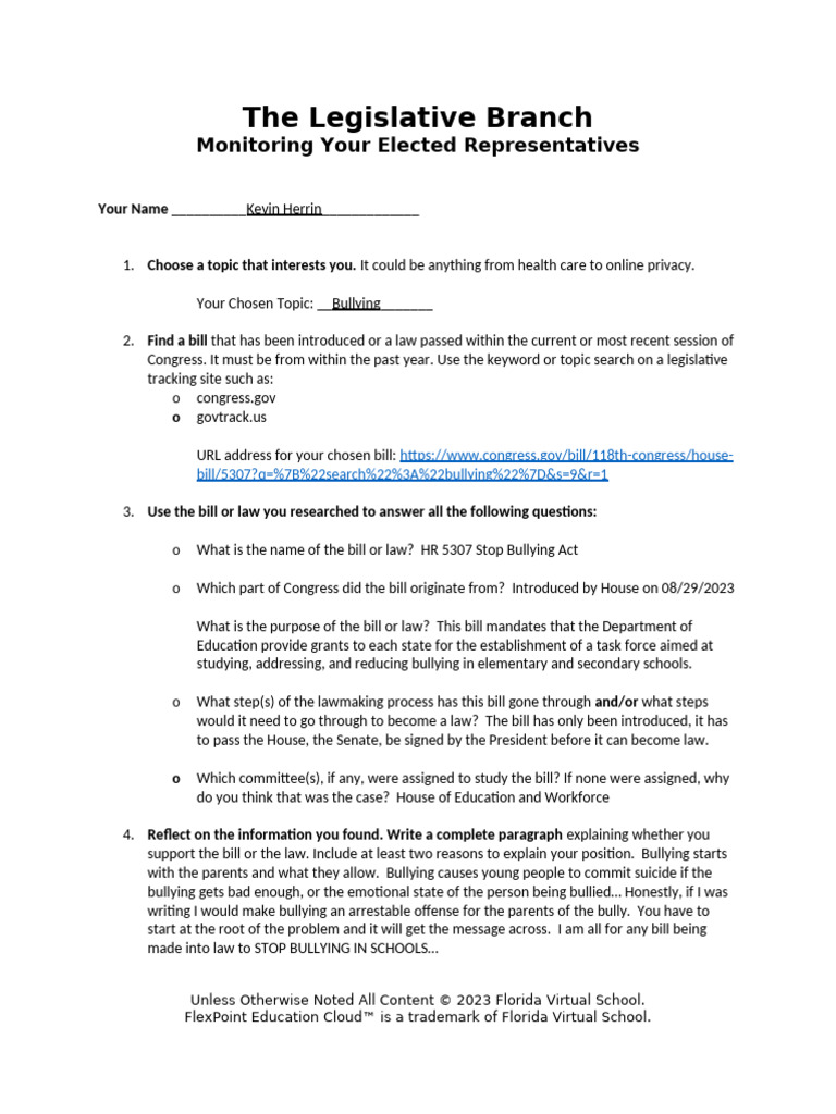 The Legislative Branch Assignment | PDF | Bullying | Justice