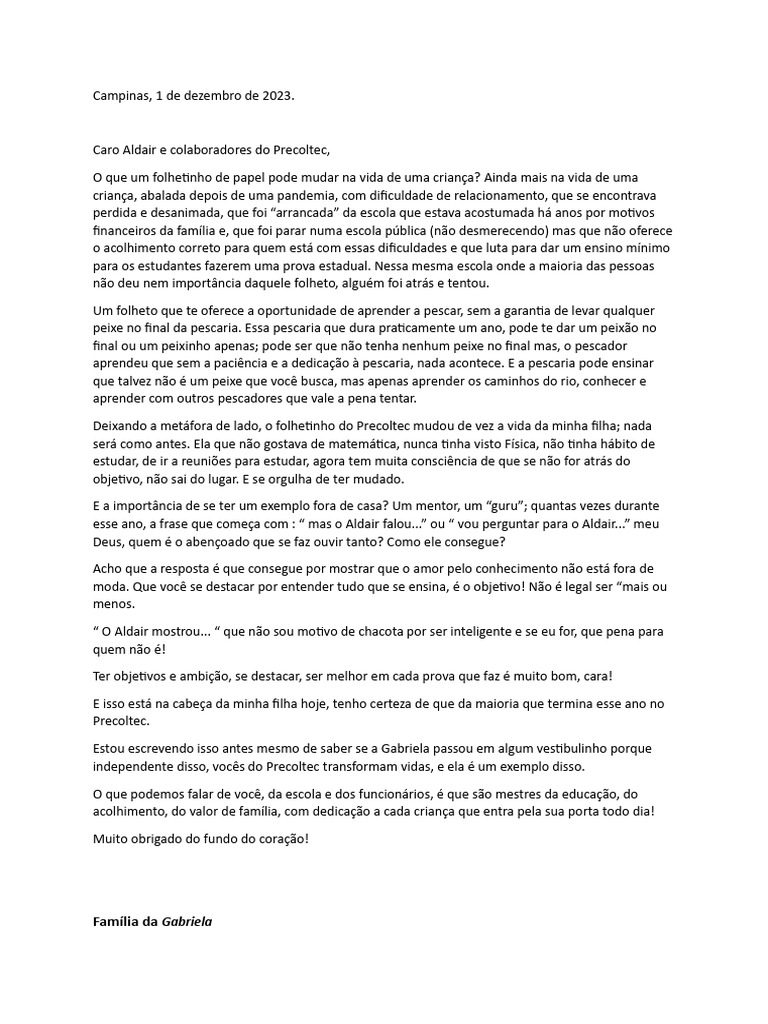Carta Ao Professor Que Incentivou | PDF