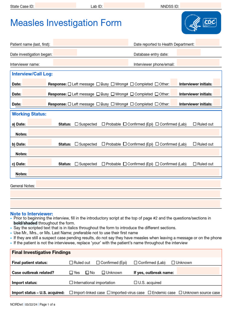 2024 DVD Measles Investigation Form | PDF | Vaccination | Infection