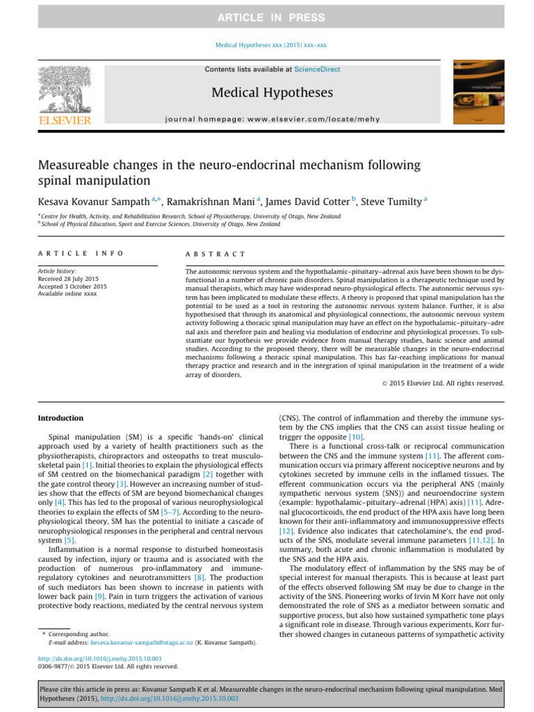 Measureable Changes in The Neuro-Endocrinal Mechanism Following Spinal ...