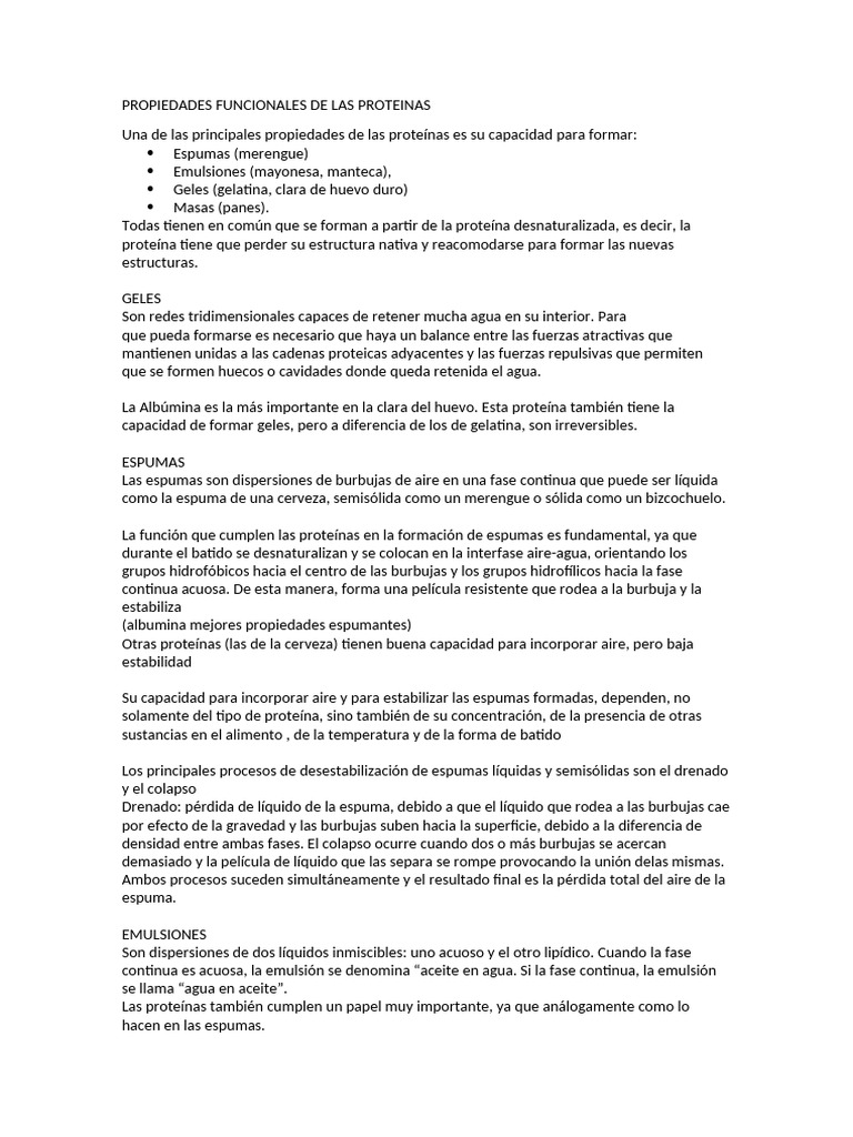 Propiedades Funcionales de Las Proteinas | PDF | Emulsión | Proteínas