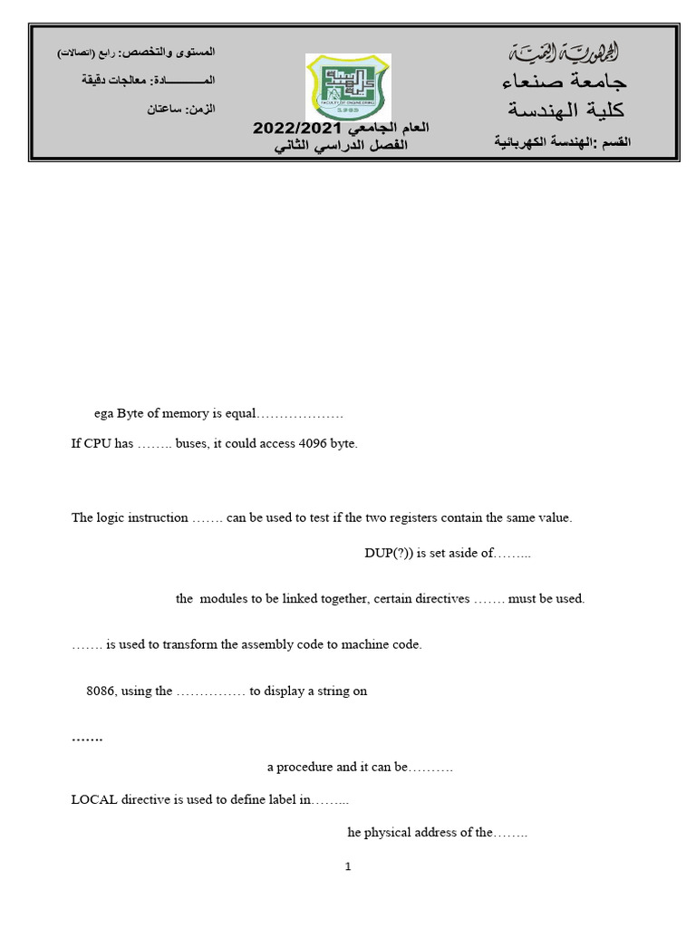 Midterm Exam Microprosser 2021-2022 | PDF | Assembly Language ...