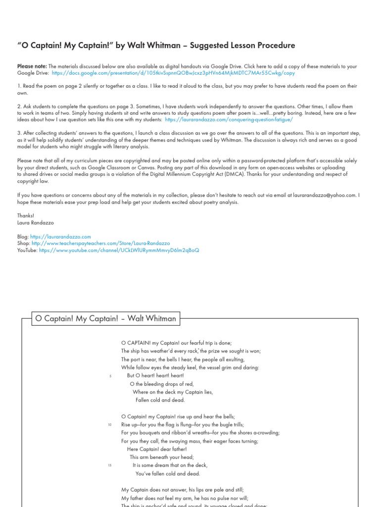 "O Captain! My Captain!" by Walt Whitman - Suggested Lesson Procedure ...