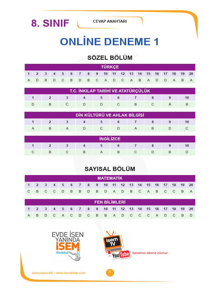 İsem-1 Cevap Anahtarı | PDF
