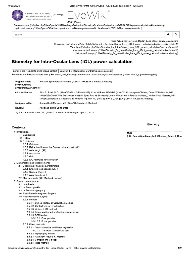 Biometry For Intra-Ocular Lens (IOL) Power Calculation - EyeWiki | PDF ...