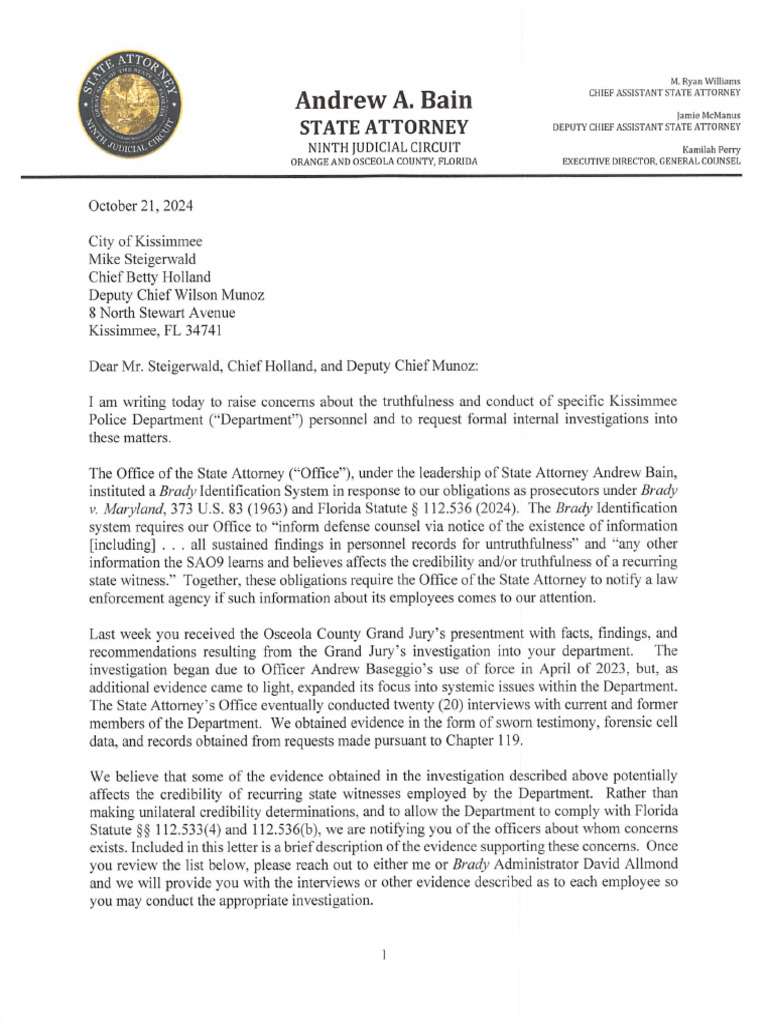 State Attorney's Office Letter Regarding Kissimmee Police Department | PDF