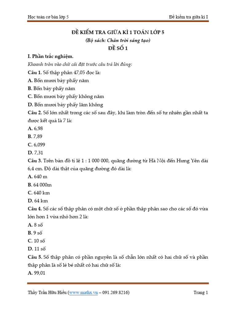 MATHX - LOP5 - ĐỀ KIỂM TRA GIỮA KÌ I - CTST | PDF