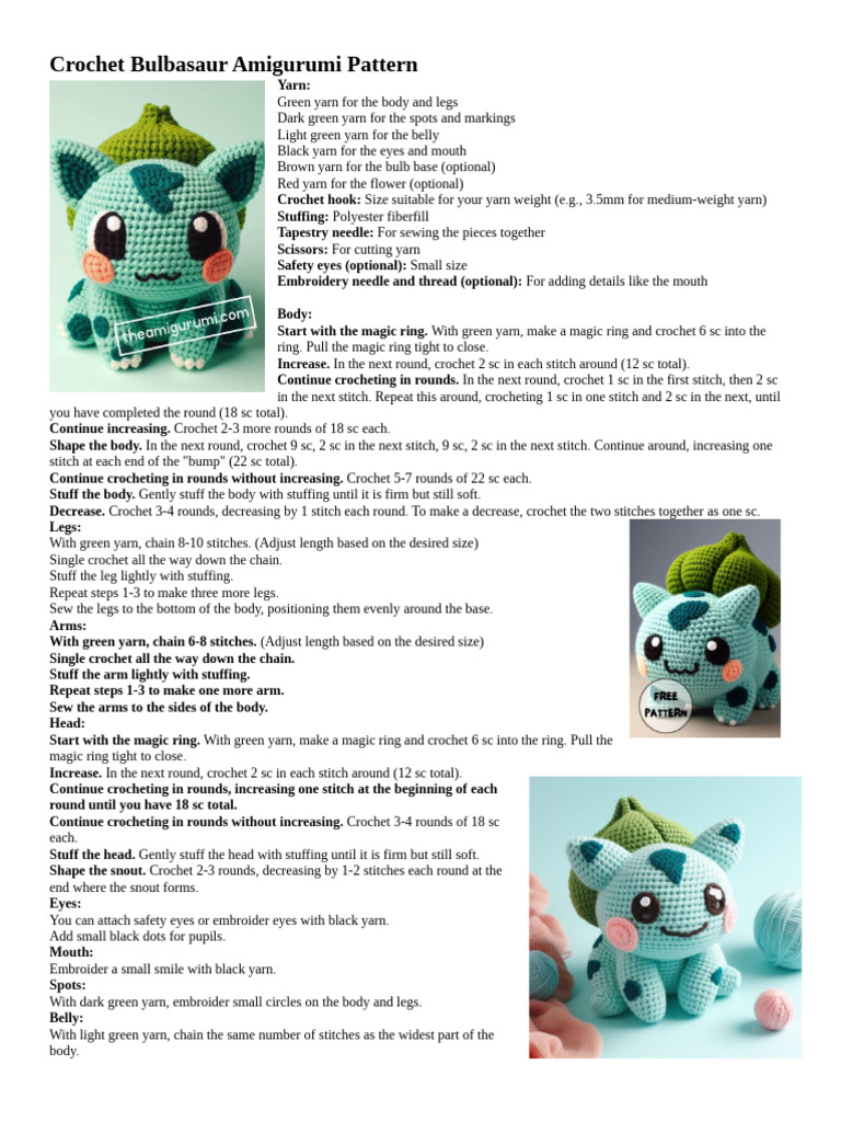 Free Crochet Bulbasaur Pattern Guide | PDF | Crochet | Surgical Suture