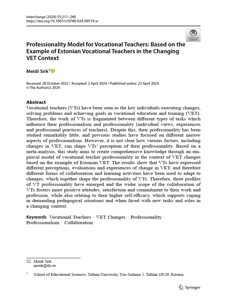 Professionality Model For Vocational Teachers: Based On The Example of Estonian Vocational ...