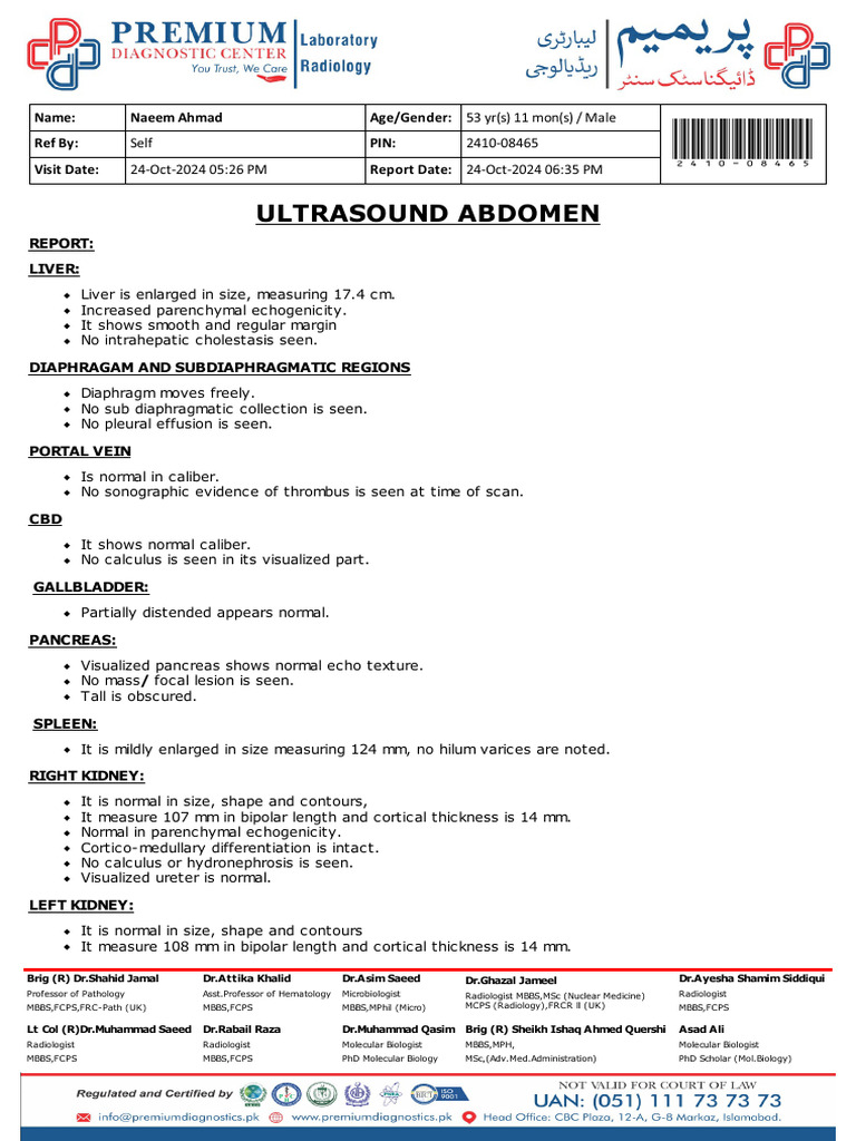 Ultrasound Report: Hepatosplenomegaly | PDF | Radiology | Medical Specialties
