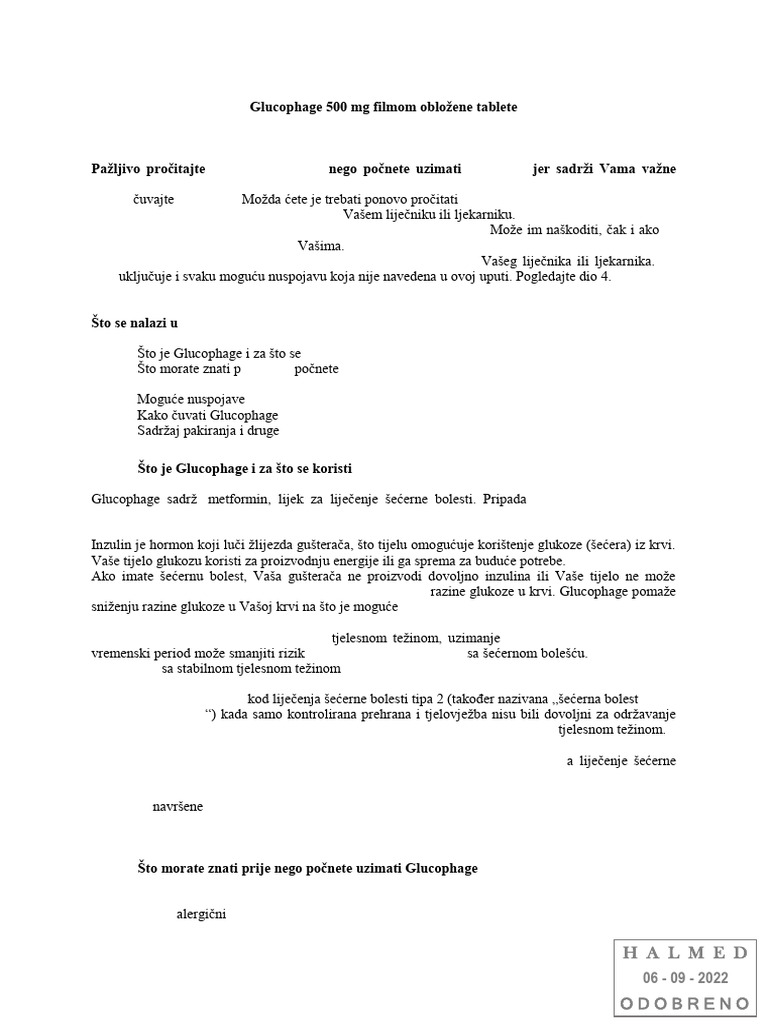 Glucophage 500 MG Filmom Oblozene Tablete PIL | PDF