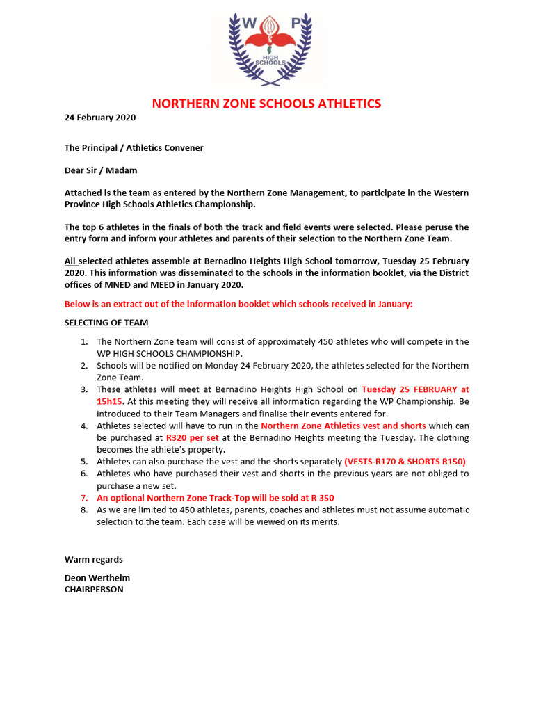 Athletics Information Northern Zone Team 2020 | PDF