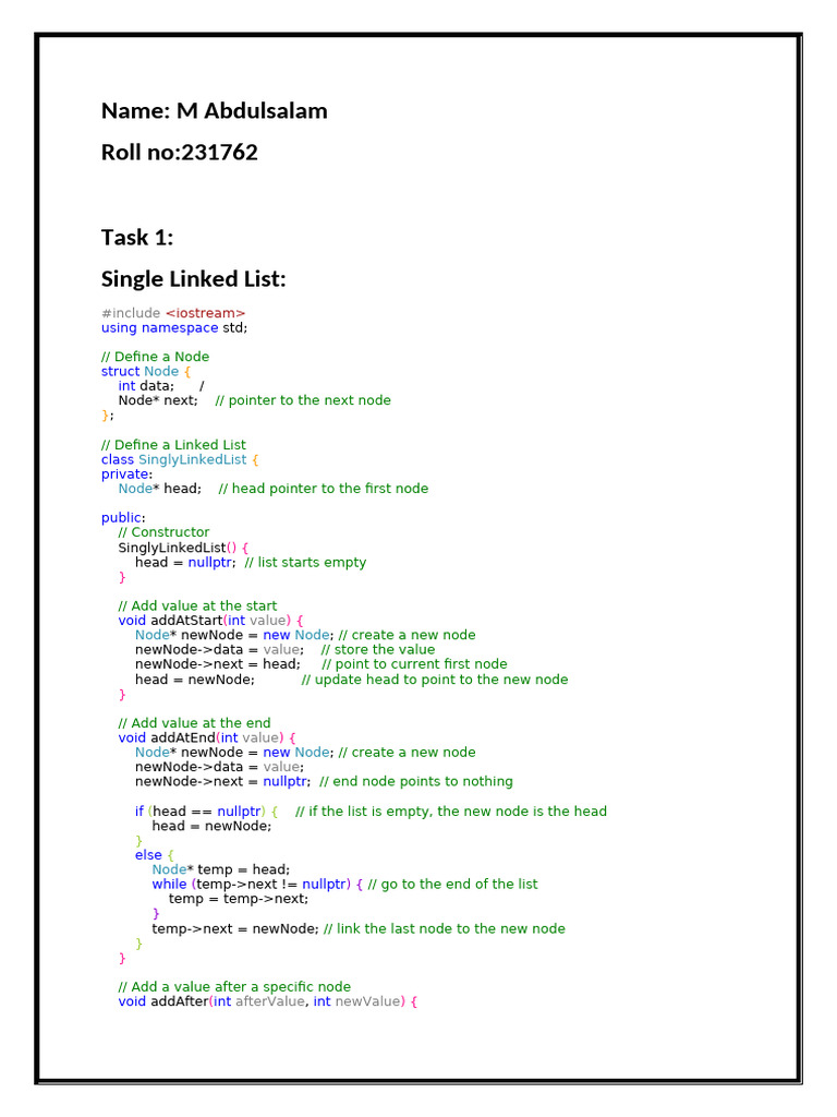 Name: M Abdulsalam Roll No:231762 Task 1: Single Linked List | PDF | Pointer (Computer ...