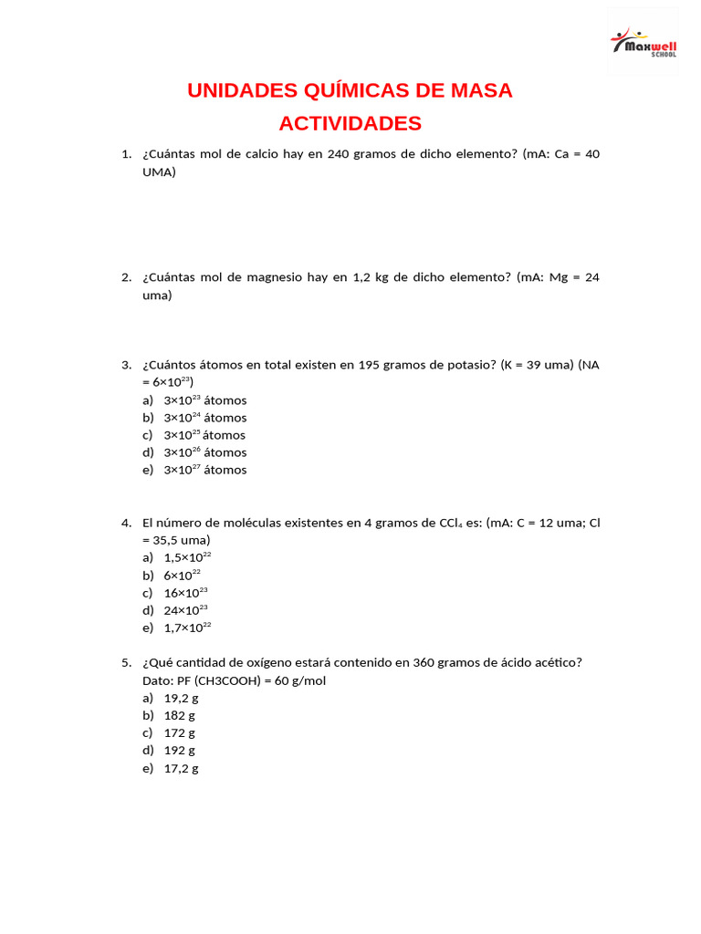 Actividades - Unidades Químicas de Masa | PDF